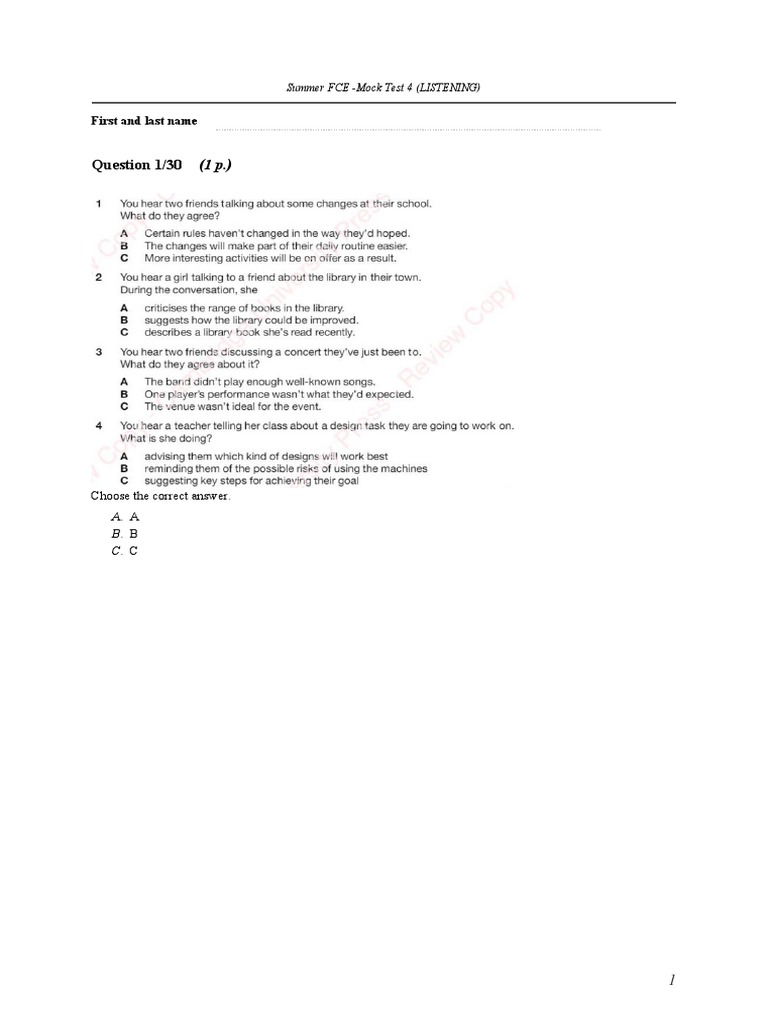 Summer FCE - Mock Test 4 (LISTENING) - Questions | PDF