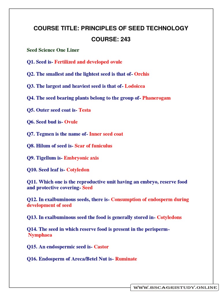 GPB 243 Objective Questions 1 | PDF | Seed | Germination