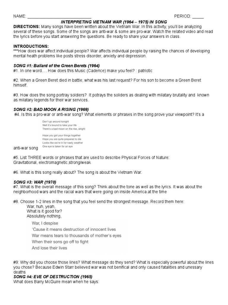 Vietnam War Songs Analysis Activity | PDF