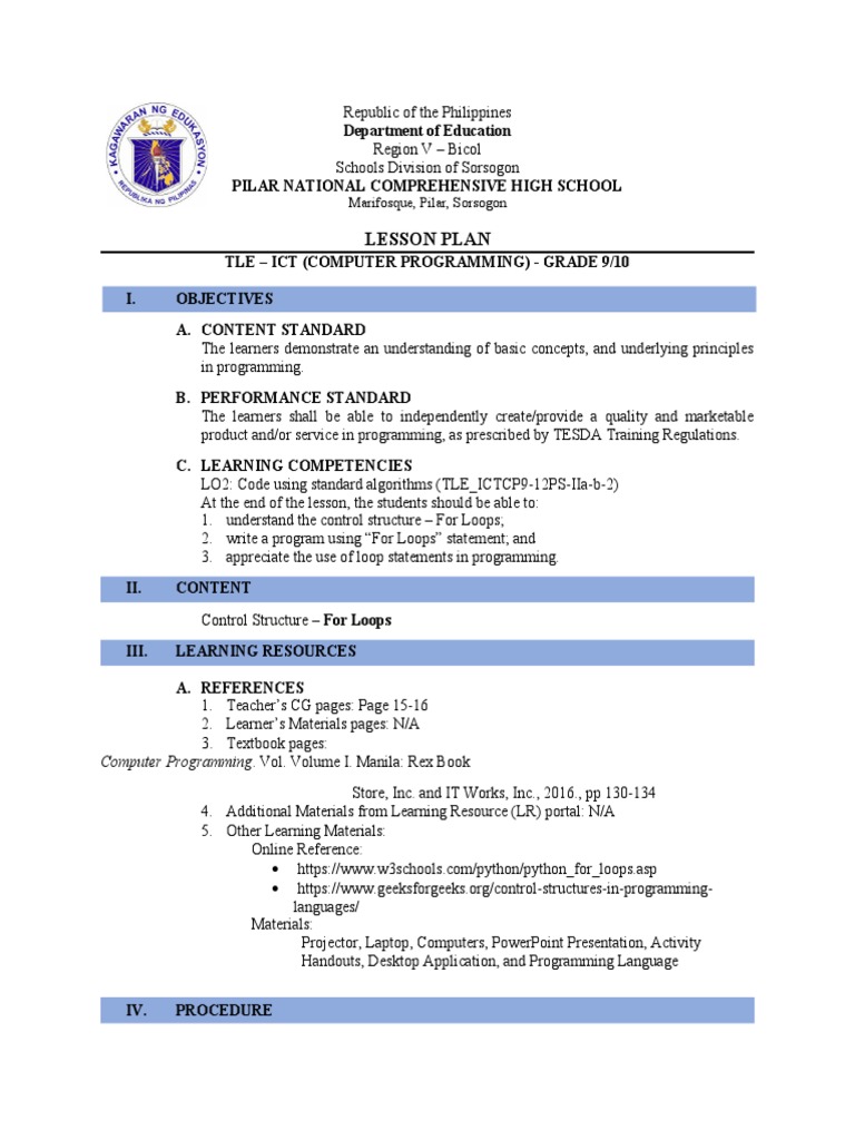 For Loop - Lesson Plan (ICT) Comprog | PDF | Control Flow | Computer ...