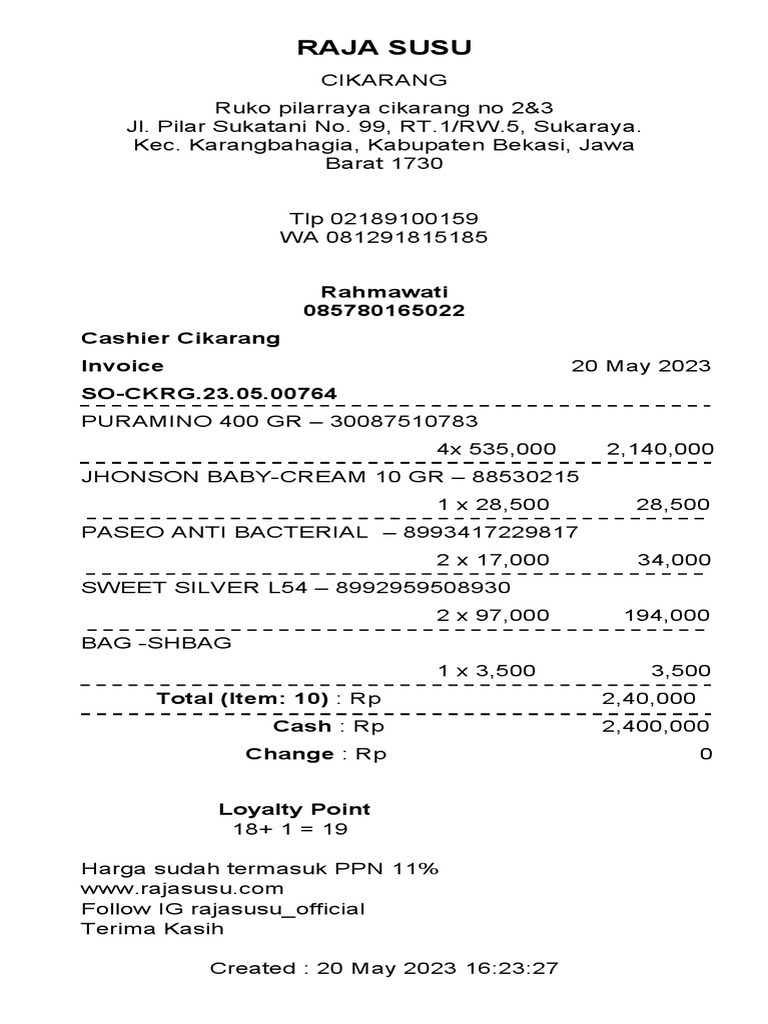 Raja Susu Cikarang Invoice Details | PDF