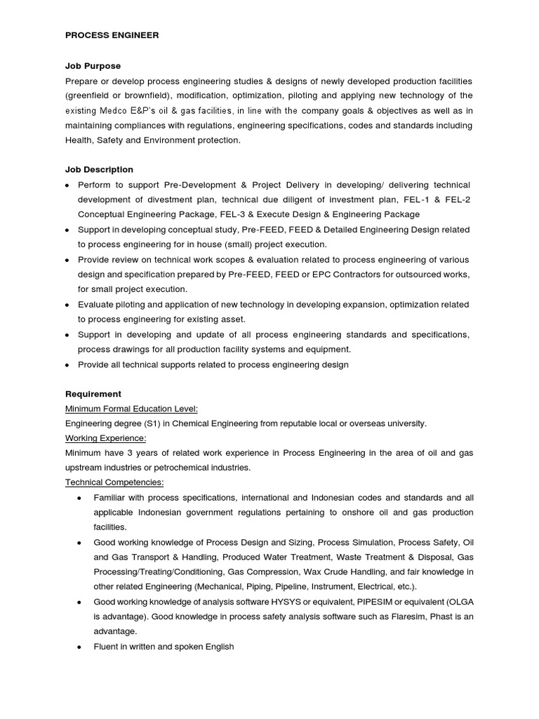 Job Description - Process Engineer v1 | PDF | Engineering | Process ...