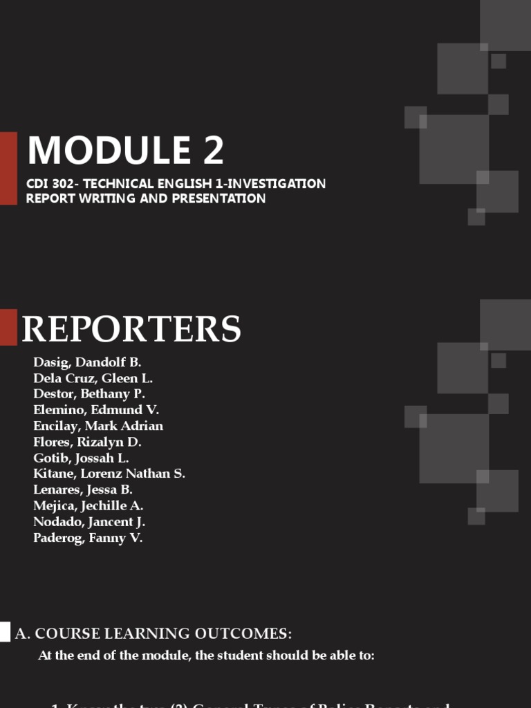 Cdi 302 Reporting (Group 2) | PDF | Arrest | Detective