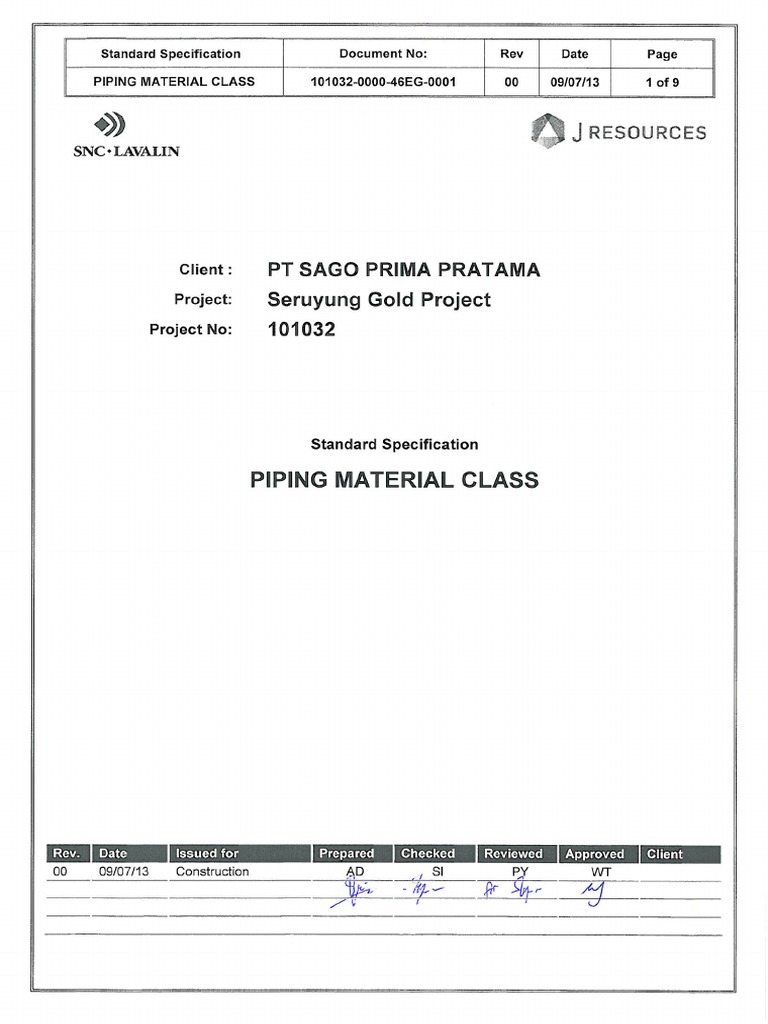 Piping Material Class Specification Document | PDF | Pipe (Fluid ...