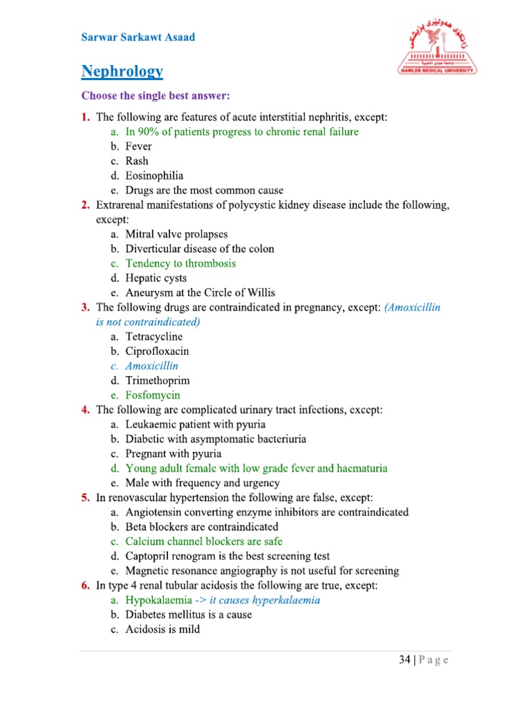 Previous Years' Nephrology Questions | PDF