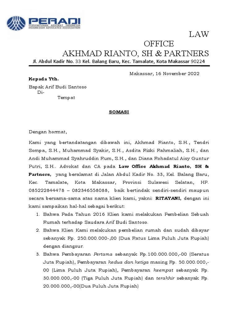 Surat Somasi Arif Budi Santoso | PDF