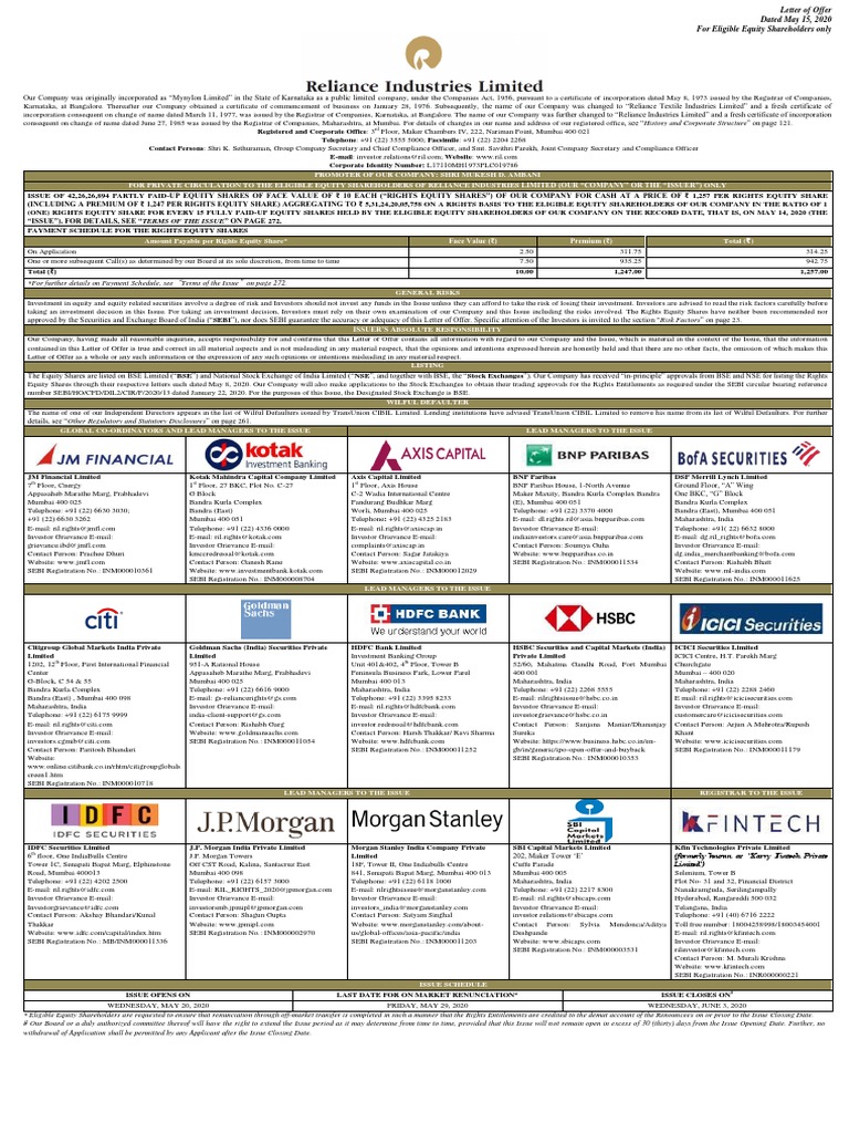 Reliance Industries Rights Issue Offer | PDF | Stocks | Equity (Finance)