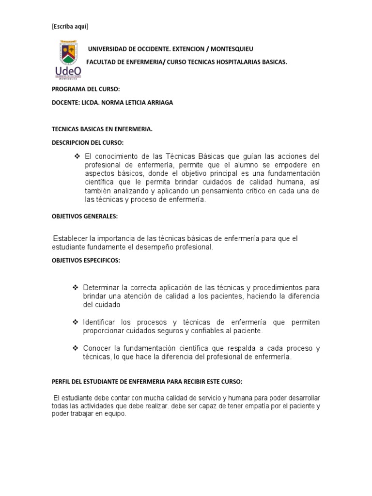 Programa de Tecnicas Basicas | PDF | Enfermería | Medicamentos con receta