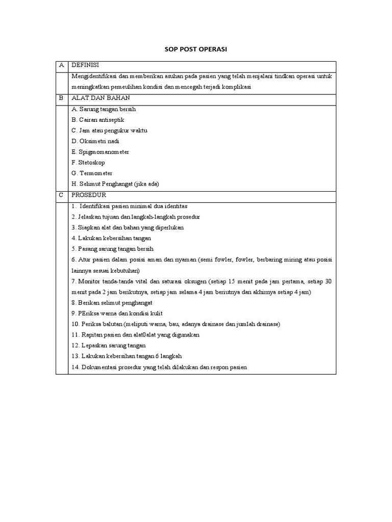 SOP Perawatan Pasca Operasi | PDF | Kesehatan Holistik | Sains & Matematika
