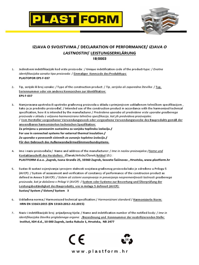 Izjava o Svojstvima PLASTOPOR EPSF-037 | PDF