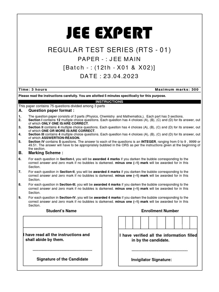 RTS - 01 PCM JM Paper (23.04.2023) 12th | PDF | Electric Field ...