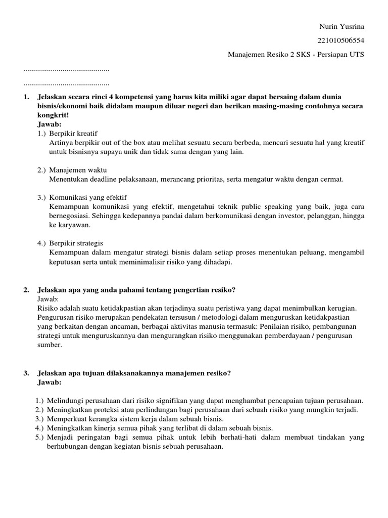Manajemen Resiko 2 SKS - Persiapan UTS | PDF