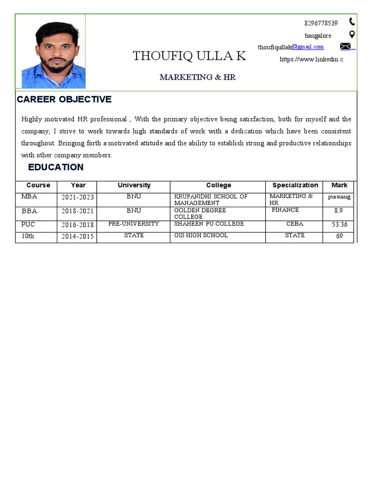 THOUFIQ Resume Mba | PDF | Cognitive Science | Business