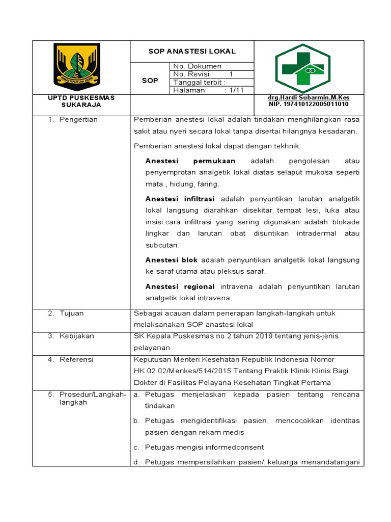 SOP ANASTESI LOKAL Fix | PDF