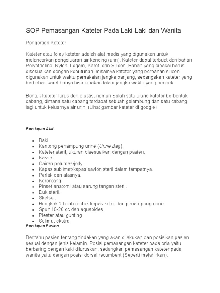 SOP Pemasangan Kateter Pria dan Wanita | PDF | Kesehatan Holistik ...