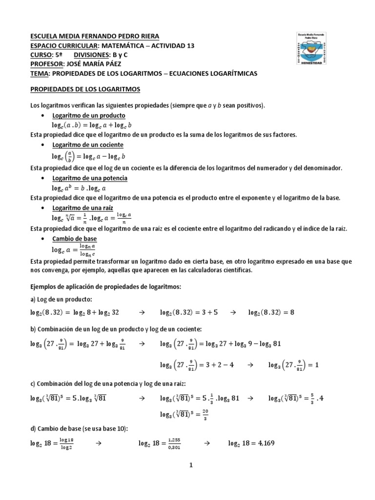 ESCUELA RIERA - TP #13 - Teoría y Actividades de Propiedades de Logaritmos, Ecuaciones ...