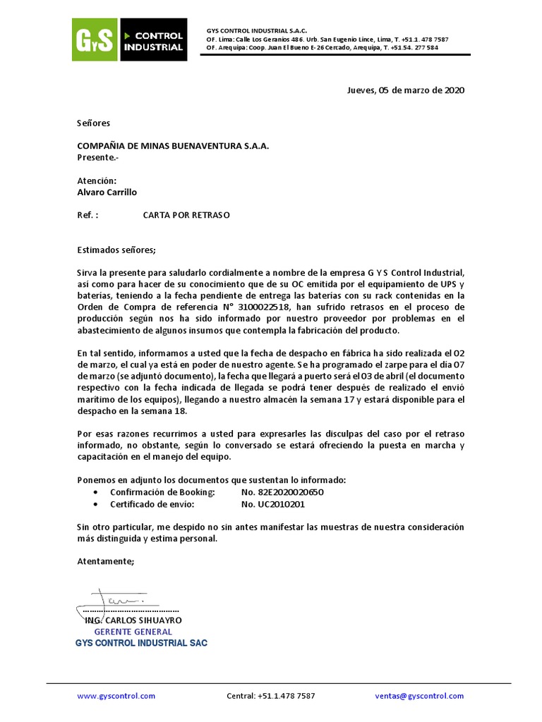 Carta Por Retraso | PDF