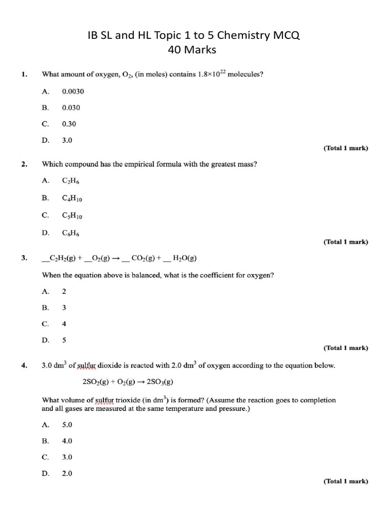 IB Chem SL and HL Topic 1 To 5 Theory and MCQ Test Paper | PDF | Energy ...