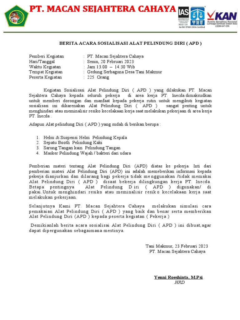 Berita Acara Sosialisasi Apd (1) 9 Januari 2023 | PDF