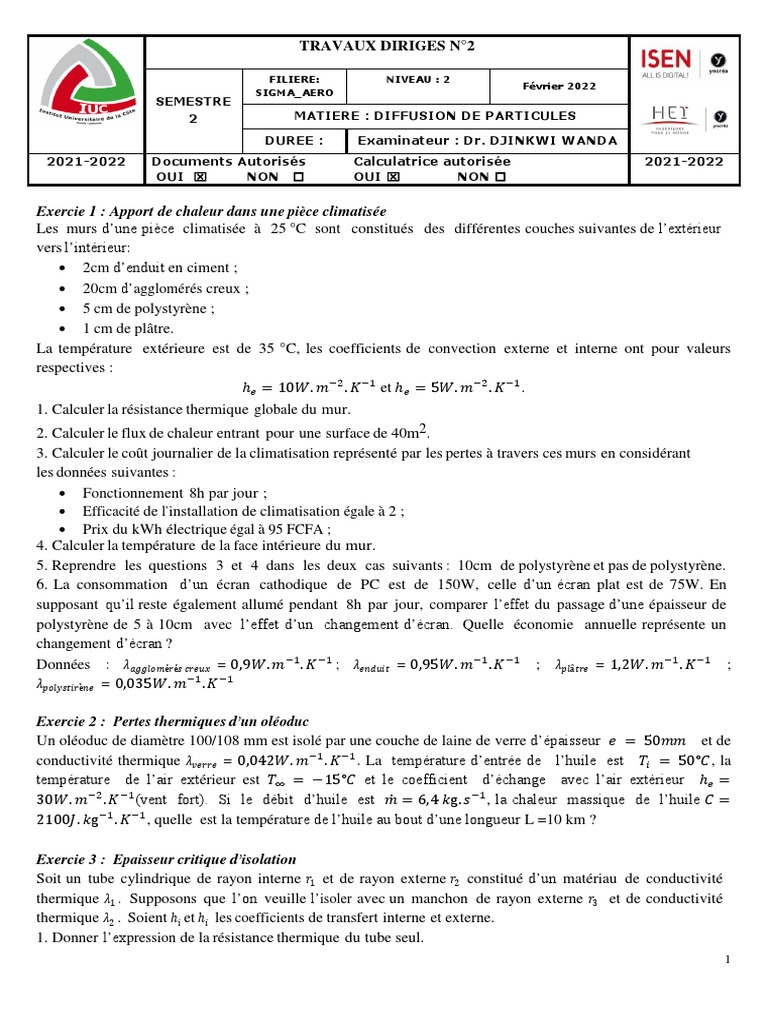 TD - Diffusion Thermique | PDF | Transfert thermique | Conductivité thermique