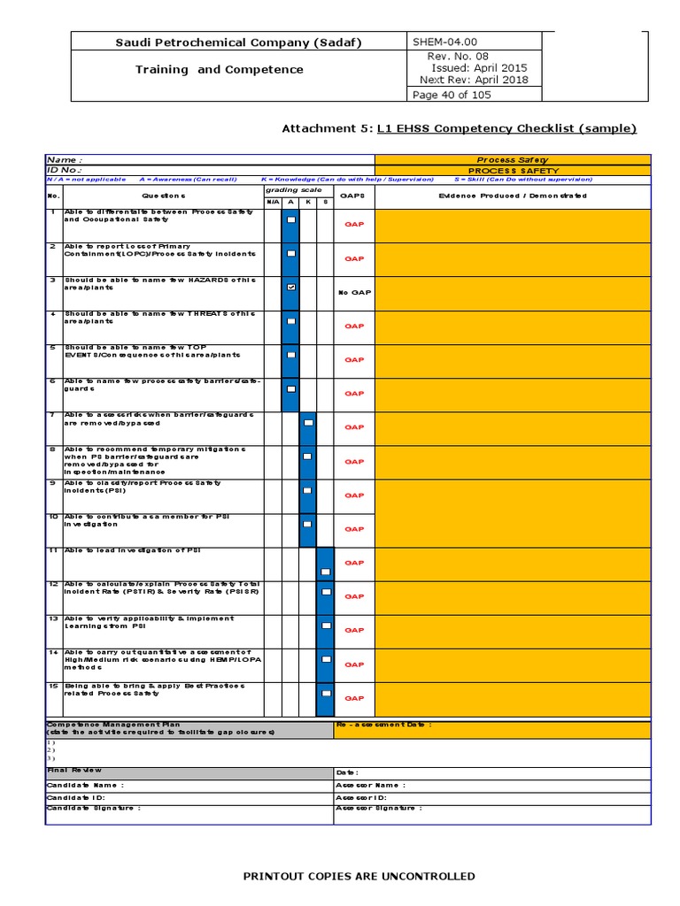 Attachment 5 L1 EHSS Competency Checklist (Sample) | PDF | Workplace ...