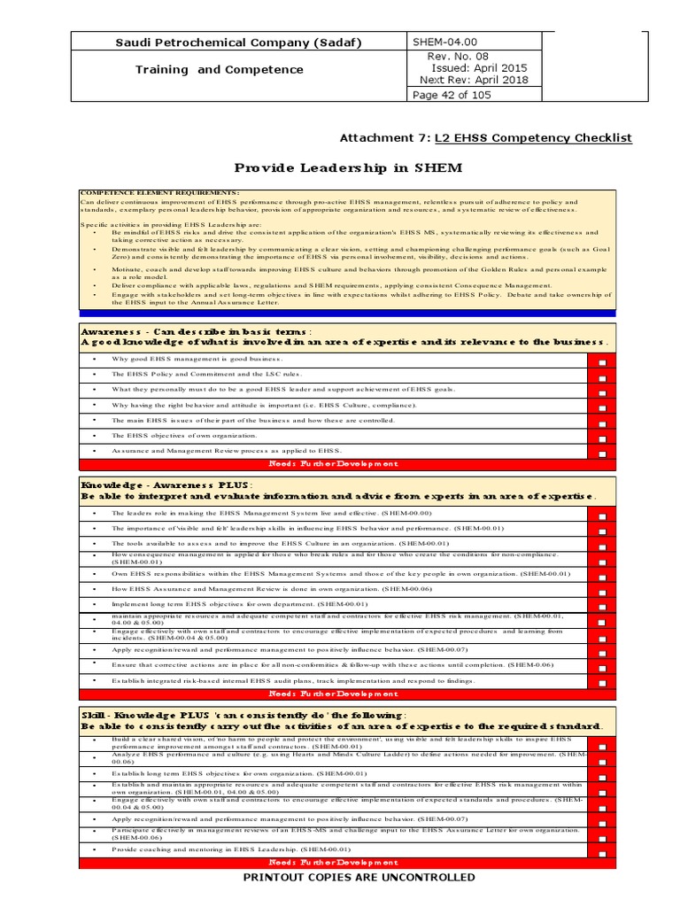 Attachment 7 L2 EHSS Competency Checklist | PDF | Occupational Safety ...