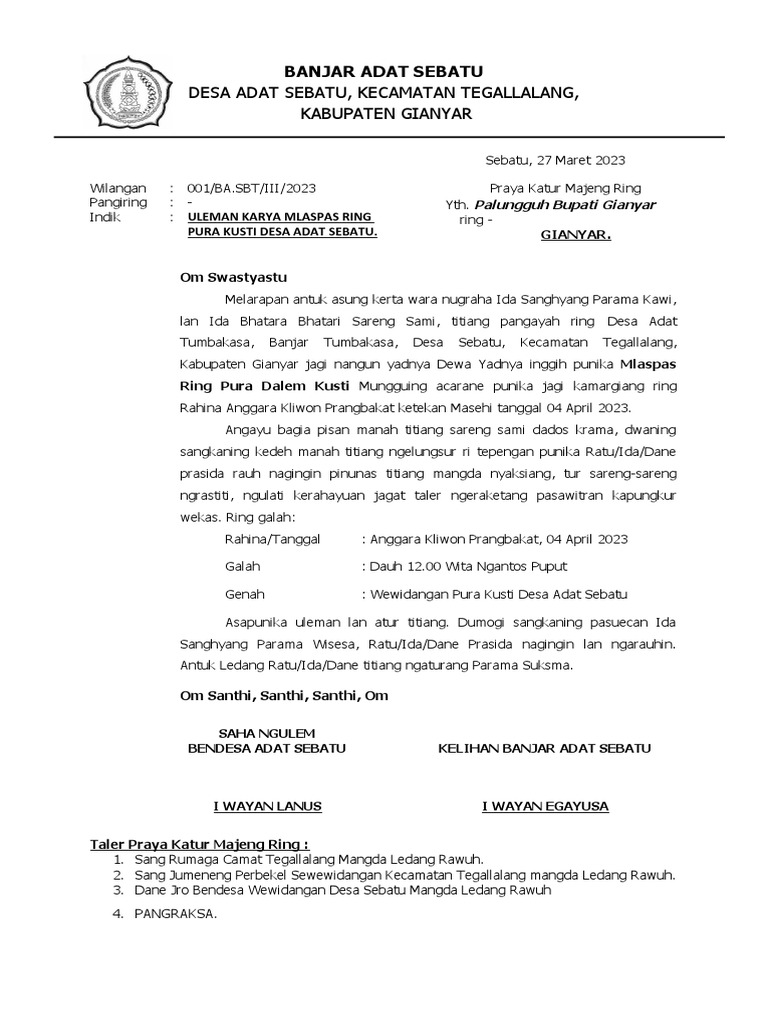 Mlaspas Pura Kusti Desa Adat Sebatu | PDF