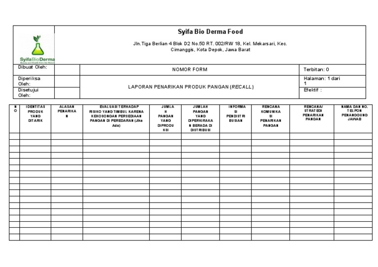 Formulir Laporan Penarikan Pangan | PDF