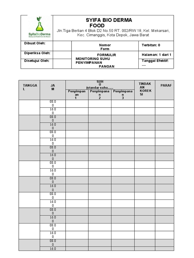8.a. FORM-Formulir Monitoring Suhu Penyimpanan Pangan | PDF 8.a. FORM-Formulir Monitoring Suhu Penyimpanan Pangan | PDF