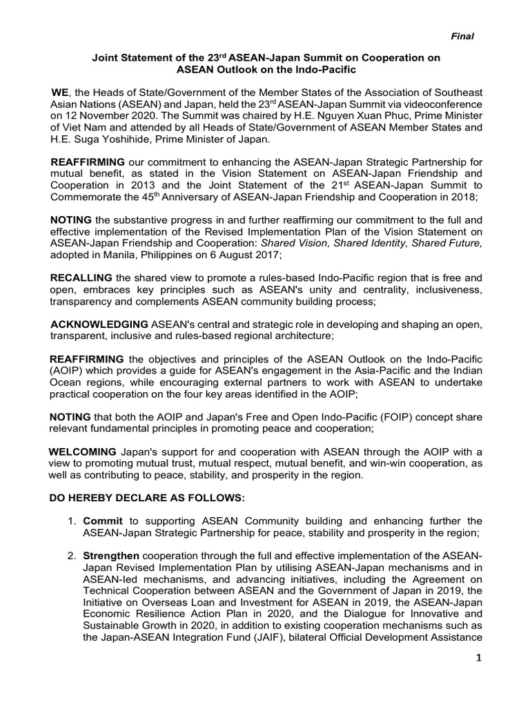 Joint Statement Of The 23rd Asean Japan Meeting Summit On Cooperation