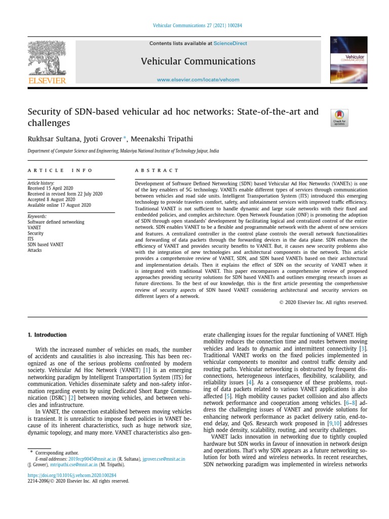 Security Of Sdn Based Vehicular Ad Hoc Networks State Of The Art And