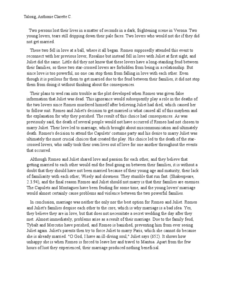 English Argumentative Essay | PDF | Romeo And Juliet | Characters In ...