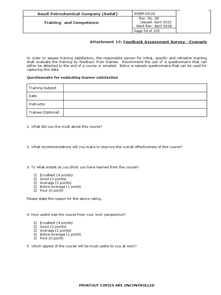 Attachment 13 Feedback Assessment Survey - Example | PDF | Education ...