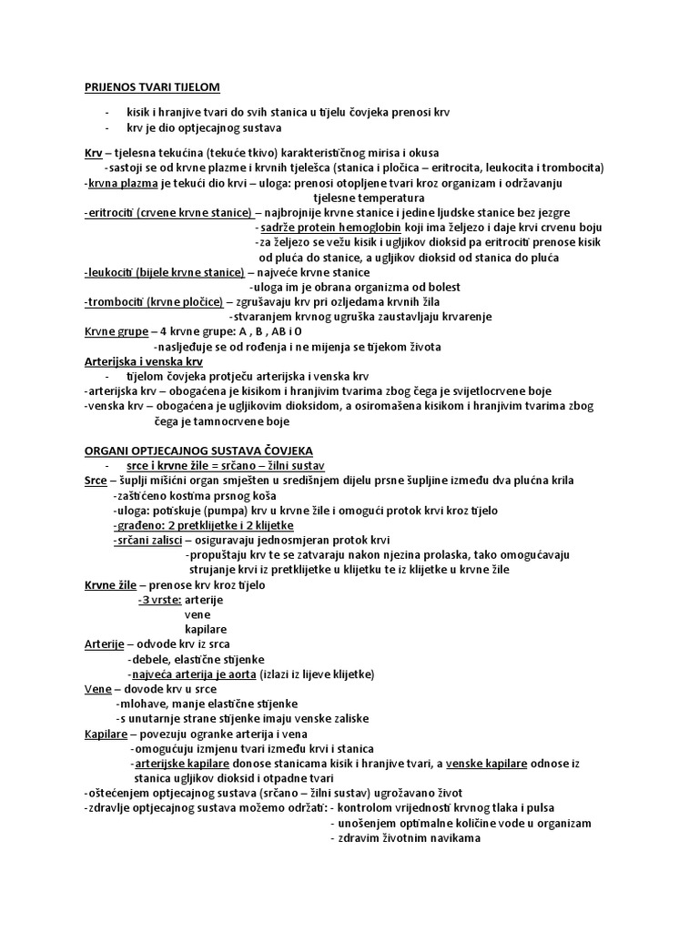 Biologija - 7 Razred - Prijenos Tvari Tijelom | PDF