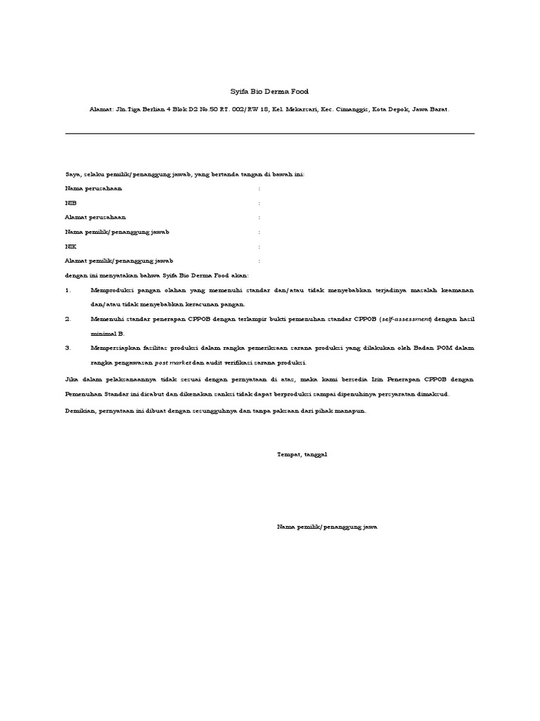 Surat Pemenuhan Standar Penerapan CPPOB | PDF