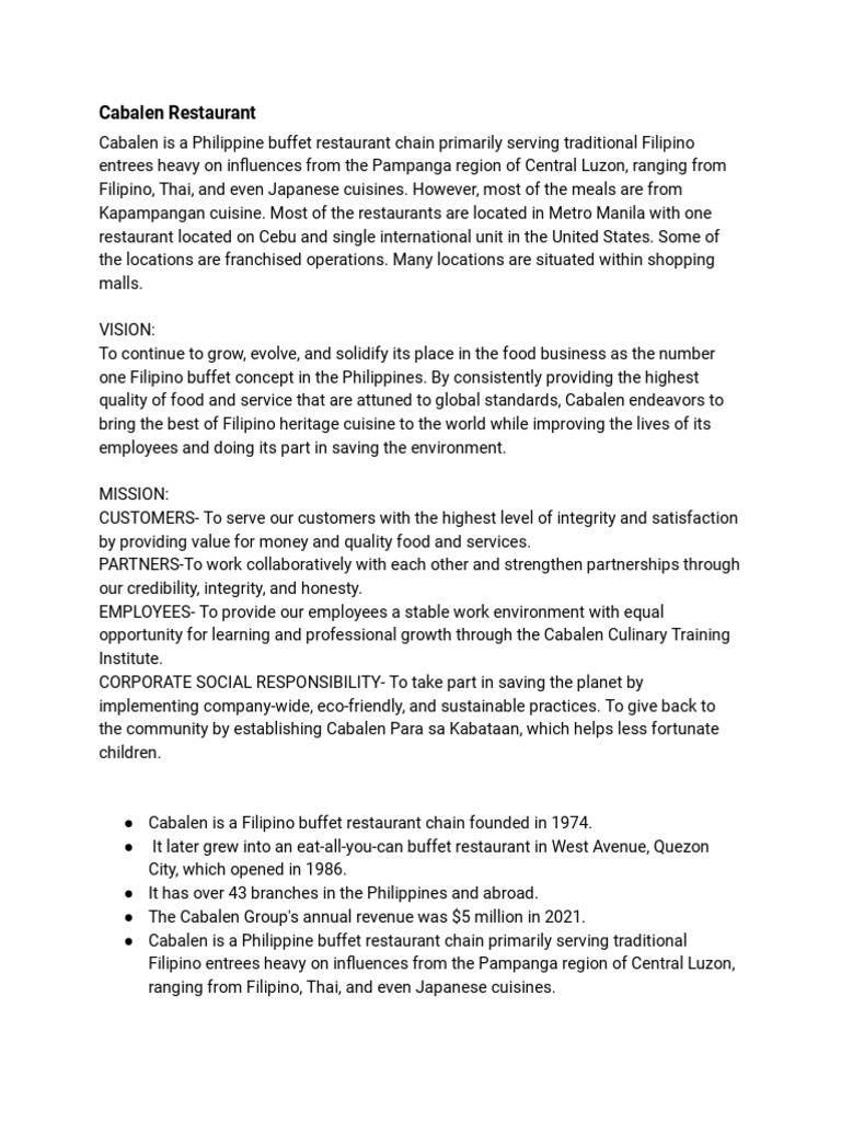 Cabalen Restaurant Company Profile | PDF | Asian Cuisine | Cooking