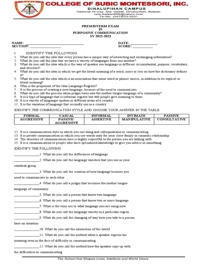 Purposive Communication Midterm Exam | PDF | Communication | Human ...