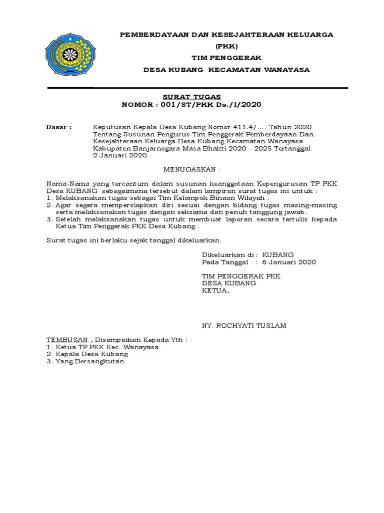 Surat Tugas Pok Binwil PKK Kubang | PDF