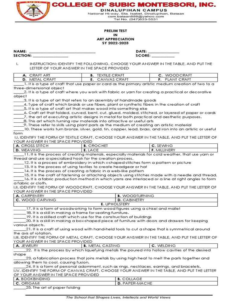 Prelim Exam in Art Appreciation (Crim1c) | PDF | Textiles | Abstract Art