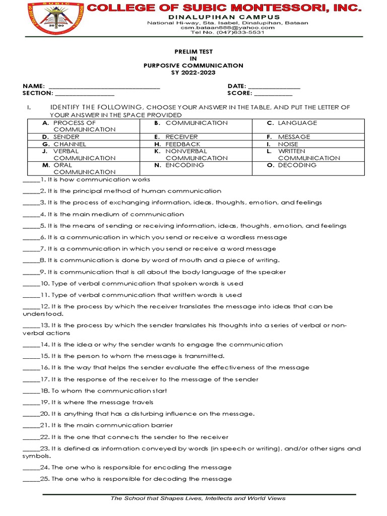 Purposive Communication Prelim Test | PDF | Communication | Nonverbal ...