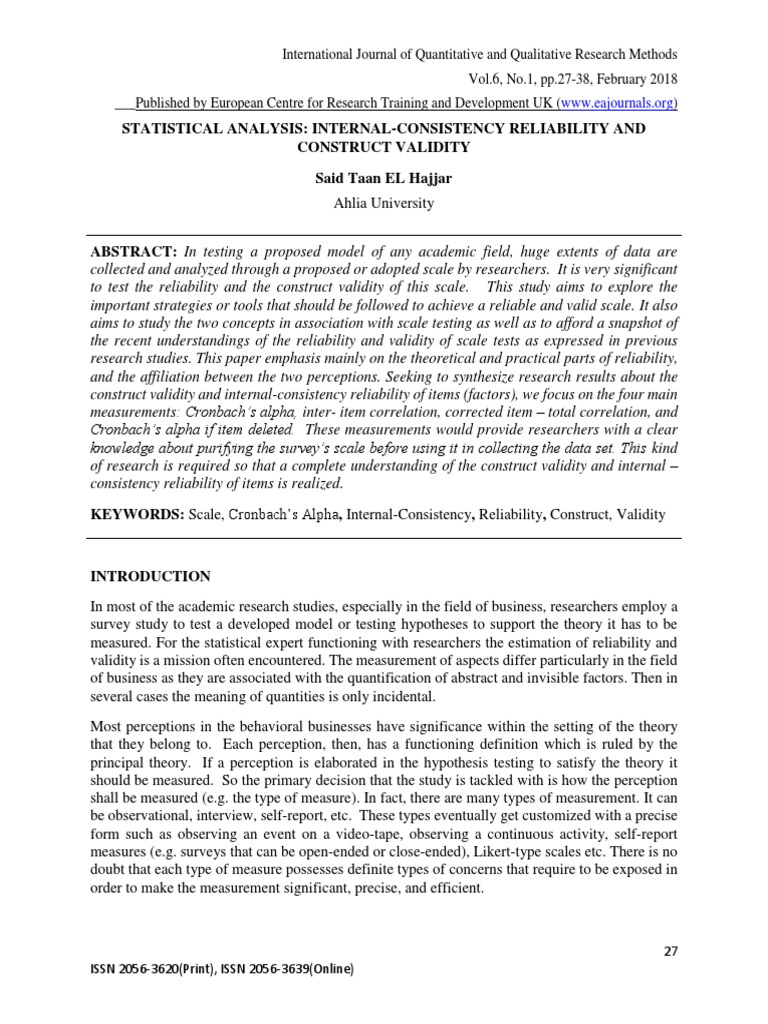 Statistical Analysis Internal Consistency Reliability and Construct Validity 1 | PDF | Validity ...