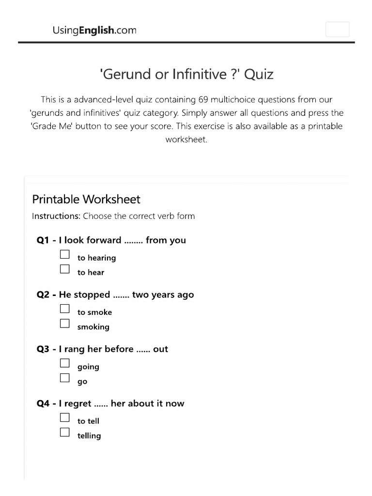 Gerund or Infinitive Quiz (Very Long) | PDF