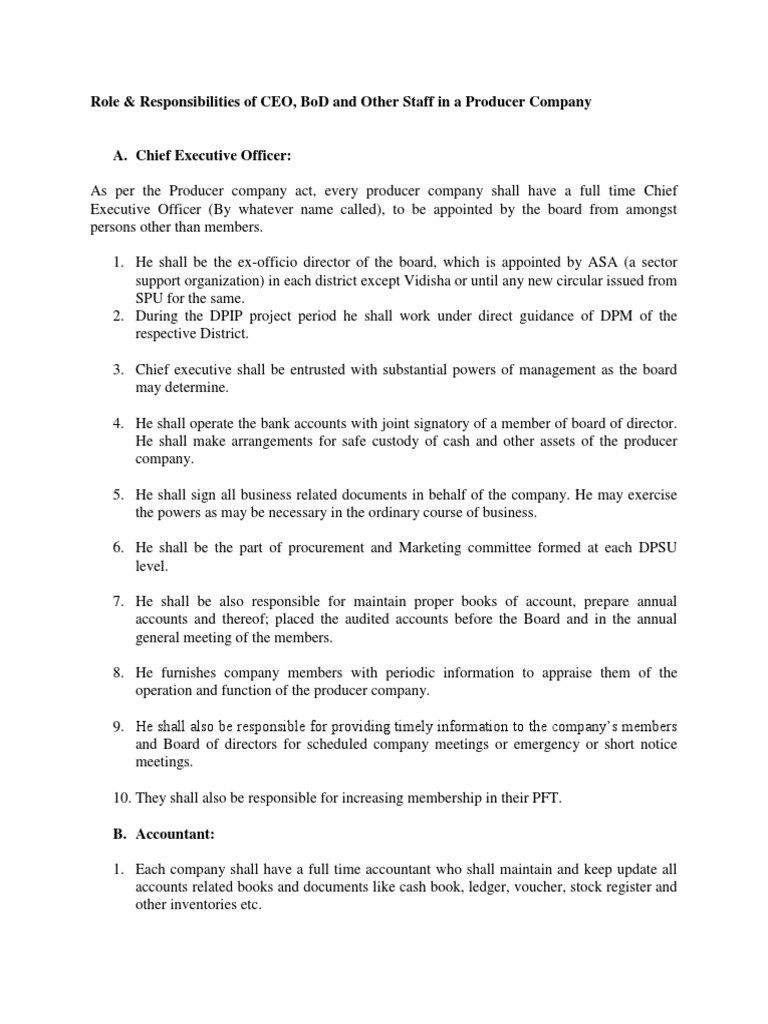 Roles & Responsibility of CEO-Staff - BoD | PDF | Board Of Directors | Warehouse