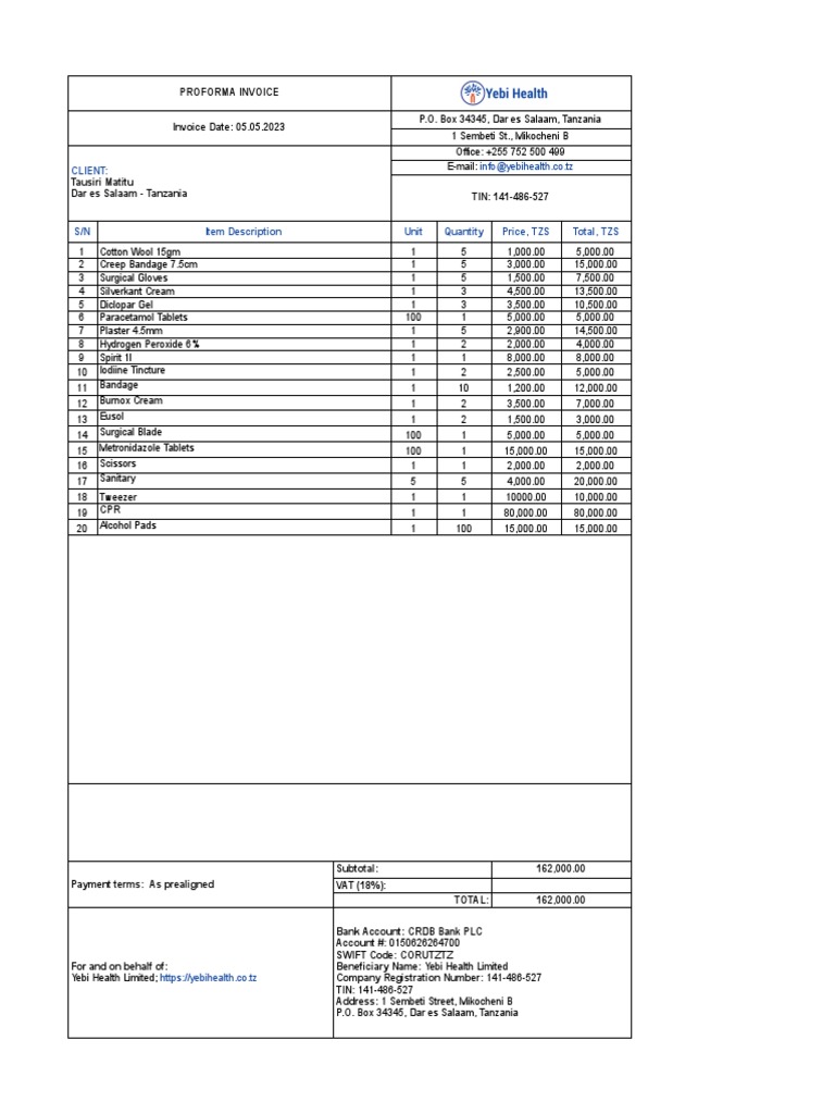 First Aid Items List - Yebi Health Proforma Invoice 20230505 | PDF