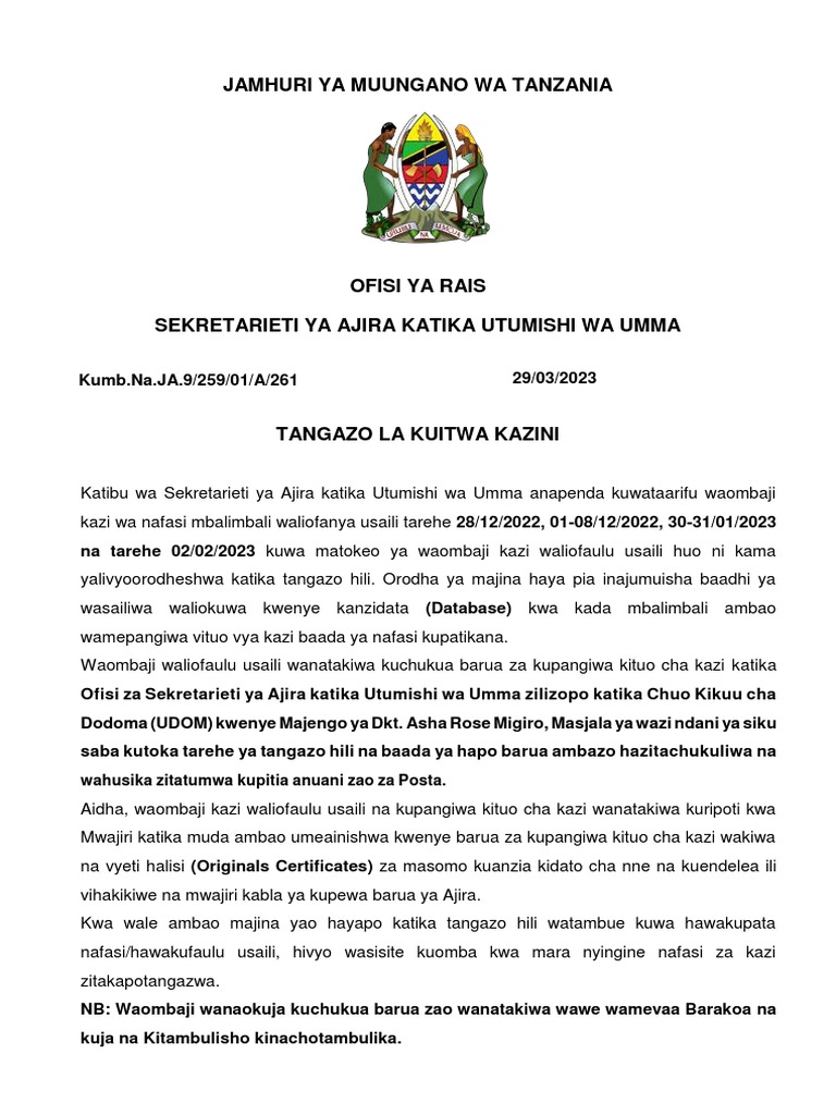 TANGAZO LA KUITWA KAZINI TAASISI MBALIMBALI ZA UMMA | PDF