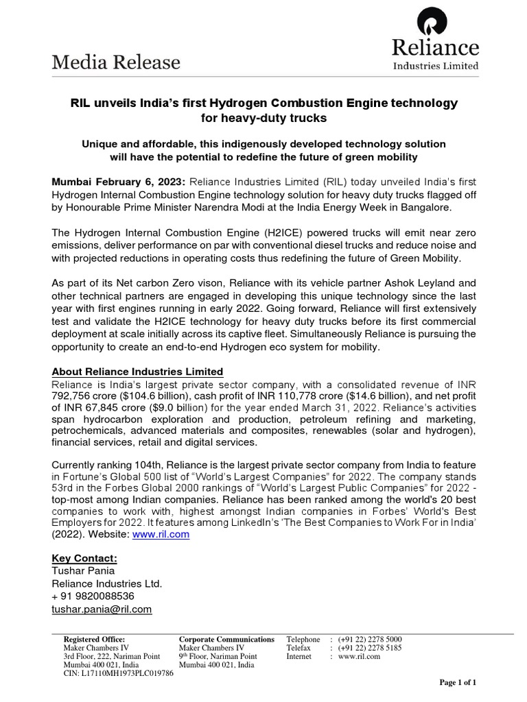 Media Release RIL 06022023 | PDF | Engines | Truck