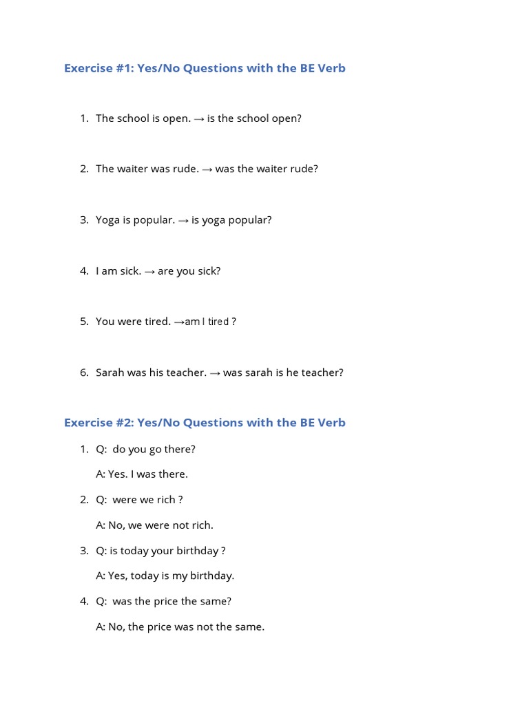Yes/No Questions Using BE Verb | PDF