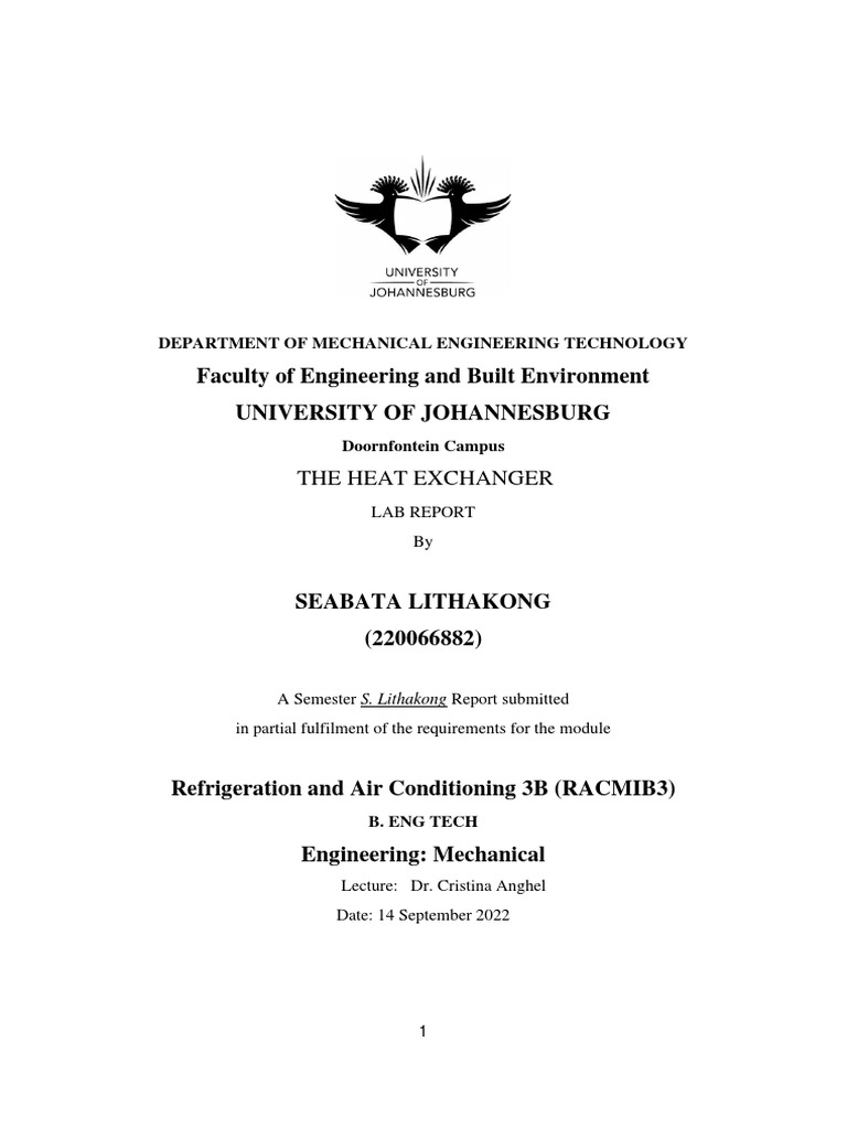 Seabata Lithakong 220066882 (Heat Exchanger Lab2 Report) | PDF | Heat Exchanger | Heat