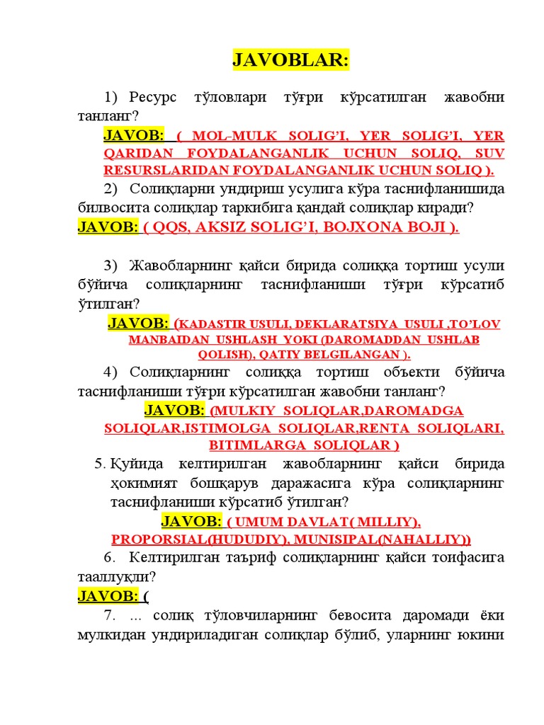 Soliqdan Yakuniy Javoblar +12 | PDF