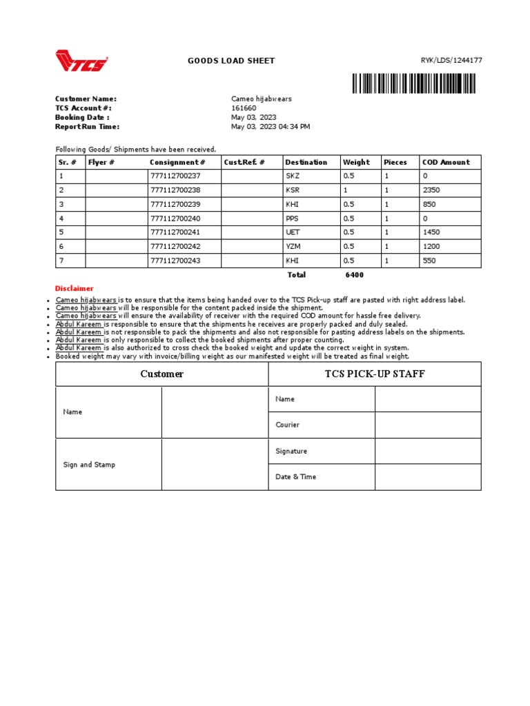 Customer Tcs Pick-Up Staff: Goods Load Sheet | PDF | Freight Transport ...